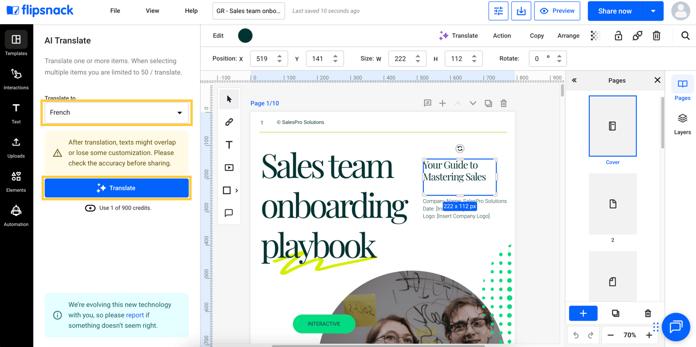 How to translate your entire flipbook or specific text boxes with AI