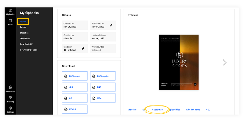 The Customize page and its customization options