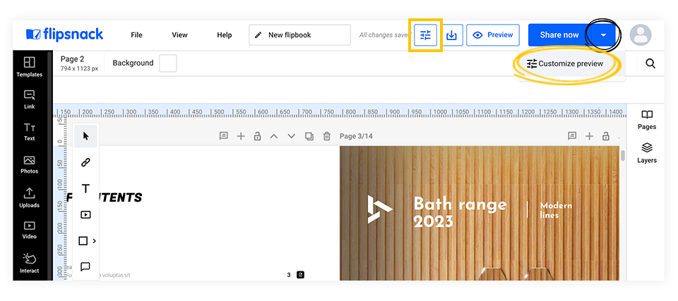 The Customize page and its customization options