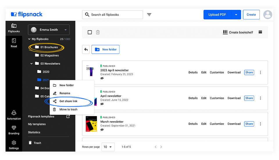 Learn about My flipbooks, in the main dashboard area