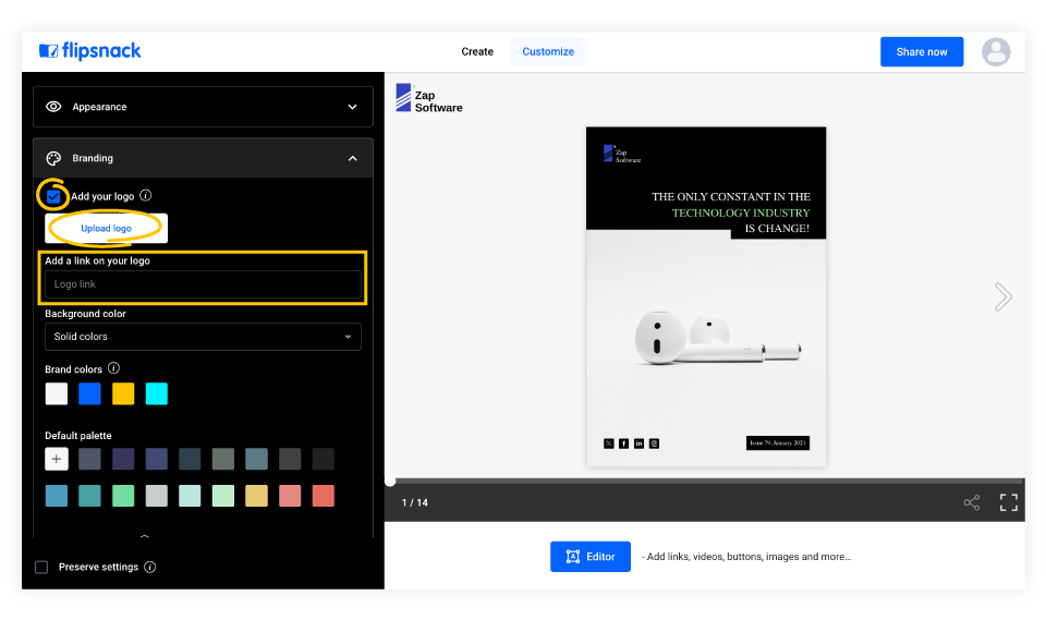How do I change my flipbook’s branding setting?