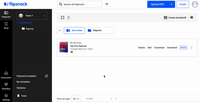 Learn about My flipbooks, in the main dashboard area